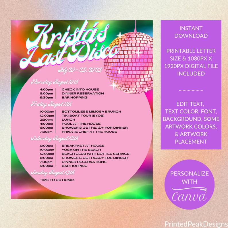 Disco Travel Party Itinerary Template | Instant Download - Etsy