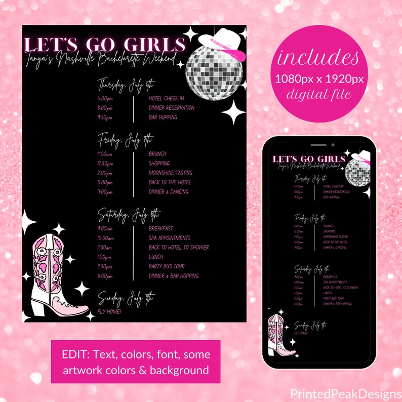 Nashville Travel Itinerary Template | Editable Party Invite (digital ...