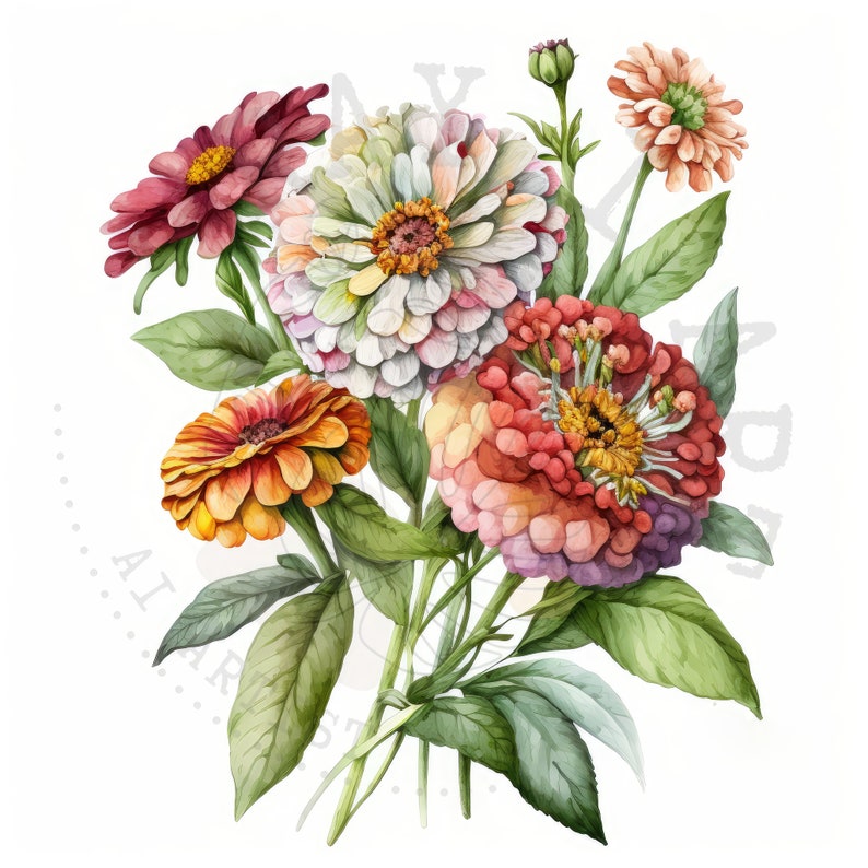 Zinnia Floral Clipart - Watercolor Zinnia Flowers - Floral Clipart ...