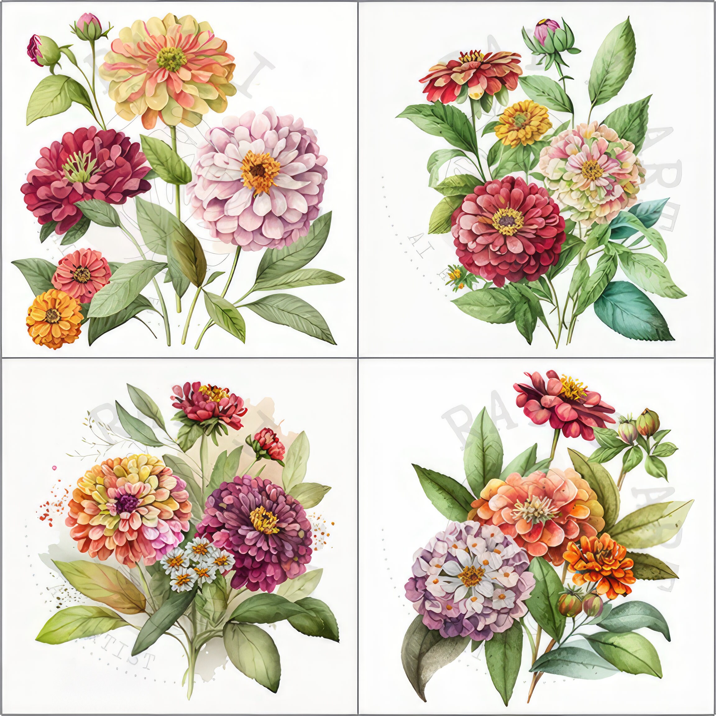 Zinnia Floral Clipart - Watercolor Zinnia Flowers - Floral Clipart ...