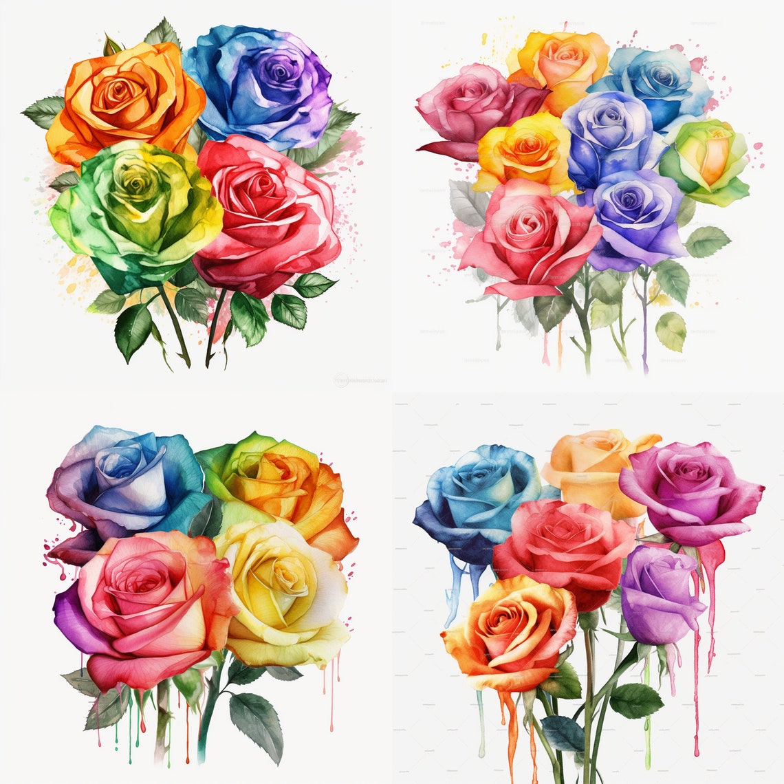Watercolor Rainbow Roses Clipart Spring Rainbow Roses Digital Clipart ...
