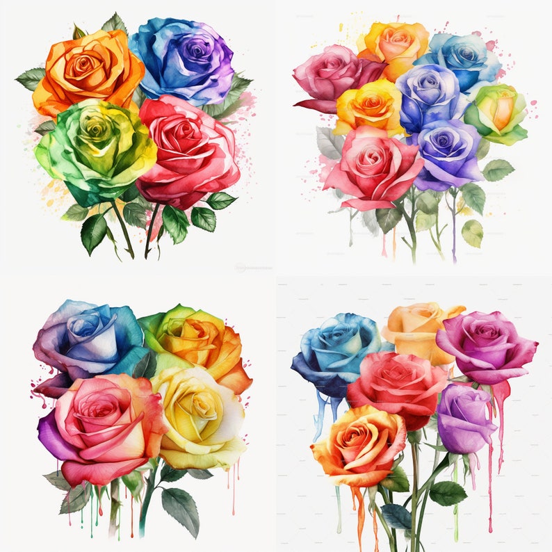 Watercolor Rainbow Roses Clipart Spring Rainbow Roses Digital Clipart ...
