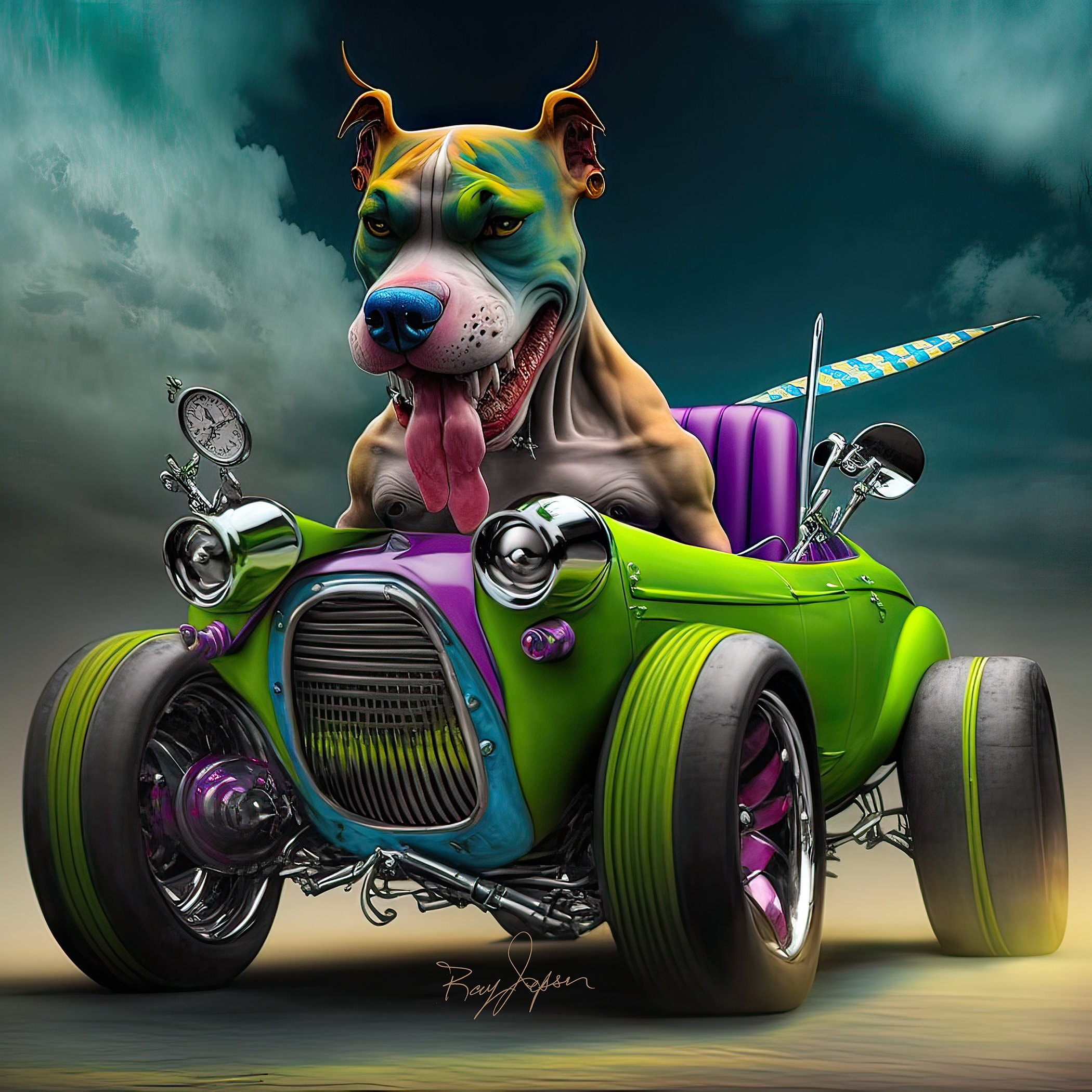 Screamin' Demon Pit Bull Driving a Car Illustration Digital Download - Etsy