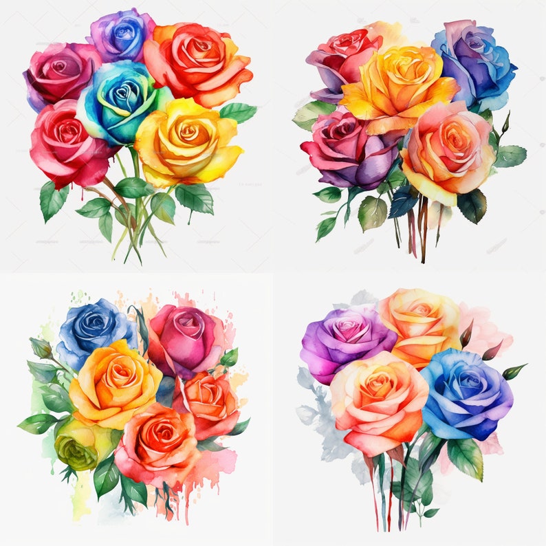 Watercolor Rainbow Roses Clipart Spring Rainbow Roses Digital Clipart ...