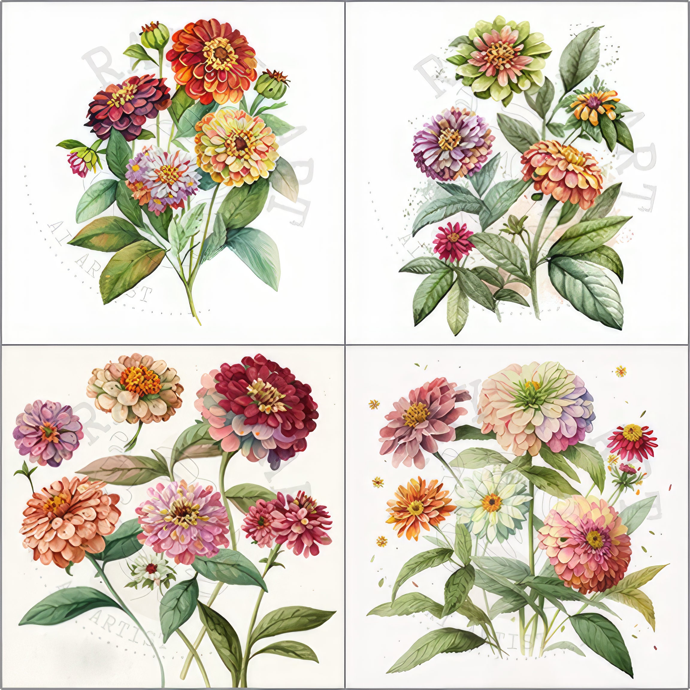 Zinnia Floral Clipart - Watercolor Zinnia Flowers - Floral Clipart ...