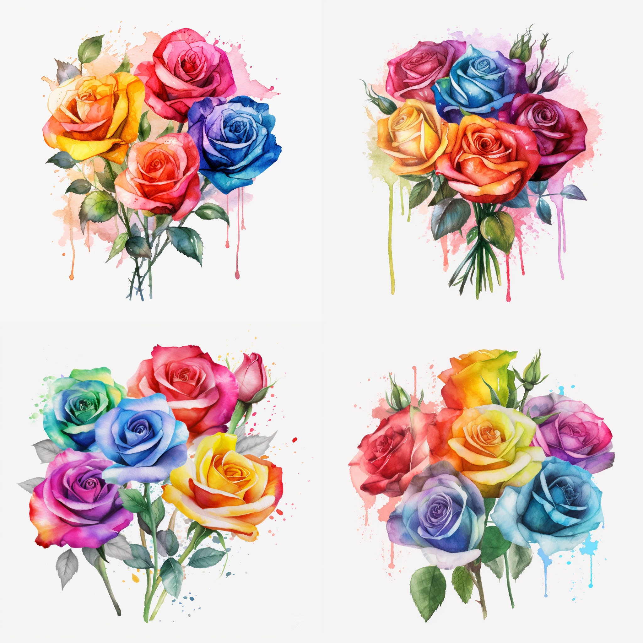 Watercolor Rainbow Roses Clipart Spring Rainbow Roses Digital Clipart ...