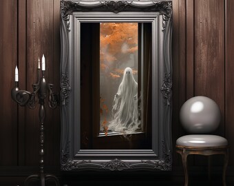 Ghost Looking Out a Window During Fall, Spooky Ghost Print, Halloween ...