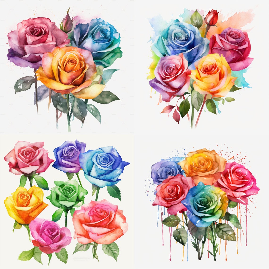 Watercolor Rainbow Roses Clipart Spring Rainbow Roses Digital Clipart ...