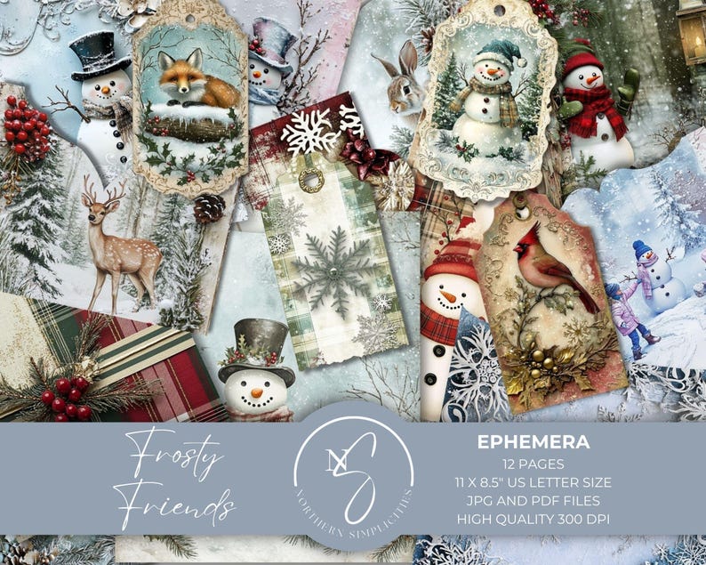 Frosty Friends Ephemera Snowman Junk Journal Kit, Christmas Printable ...