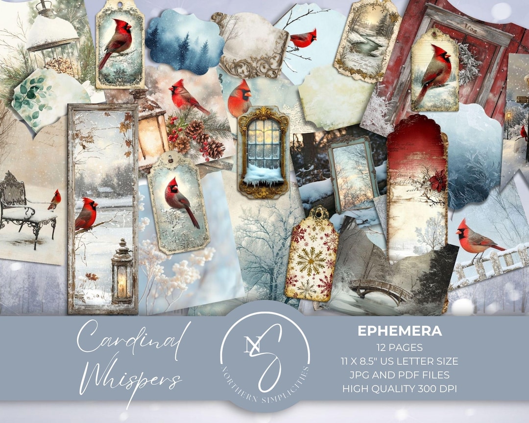 Cardinal Whispers Ephemera Kit With Winter Cardinal Papers, Printable ...