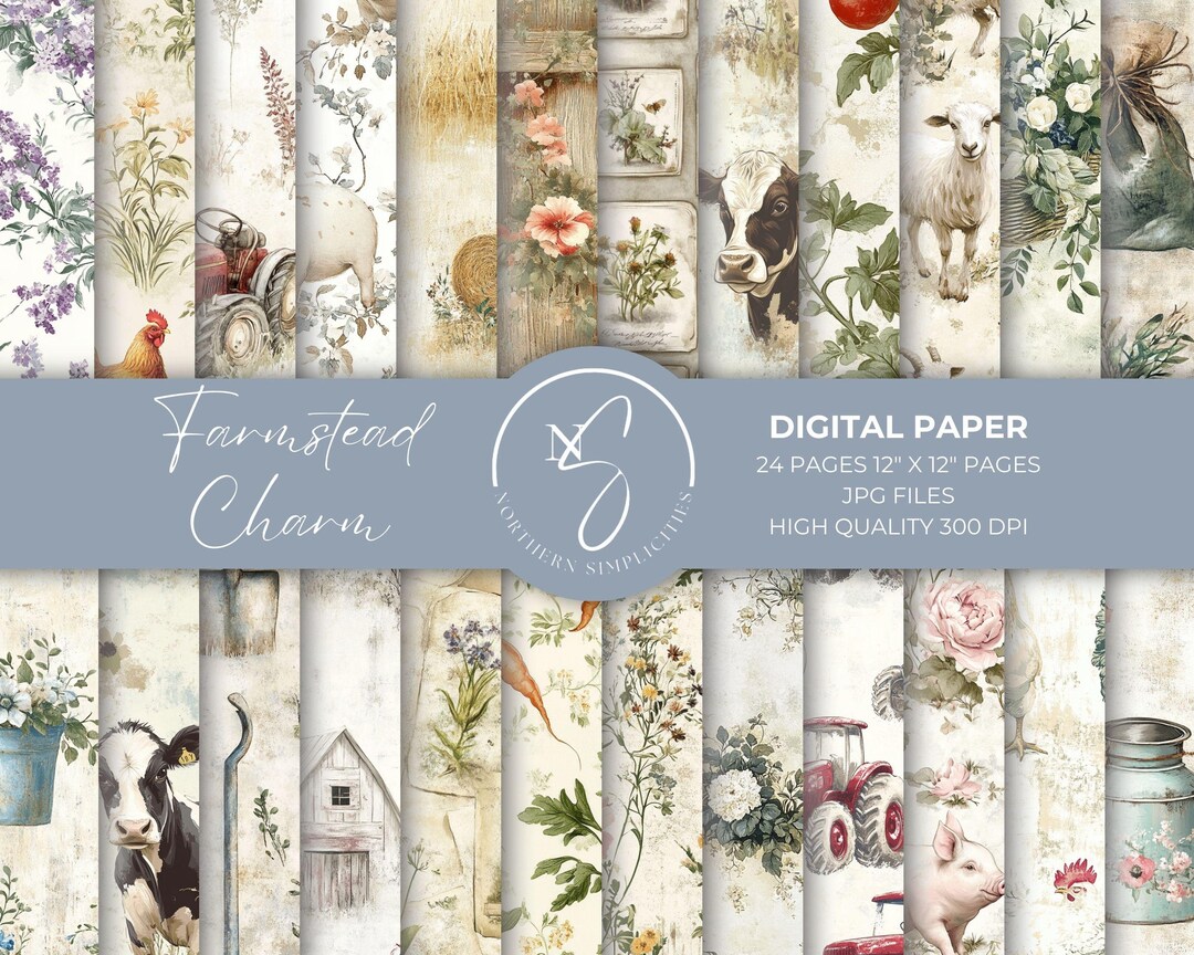 Farmstead Charm Digital Papers Farm Life Journal Pages, Bucolic Vintage ...