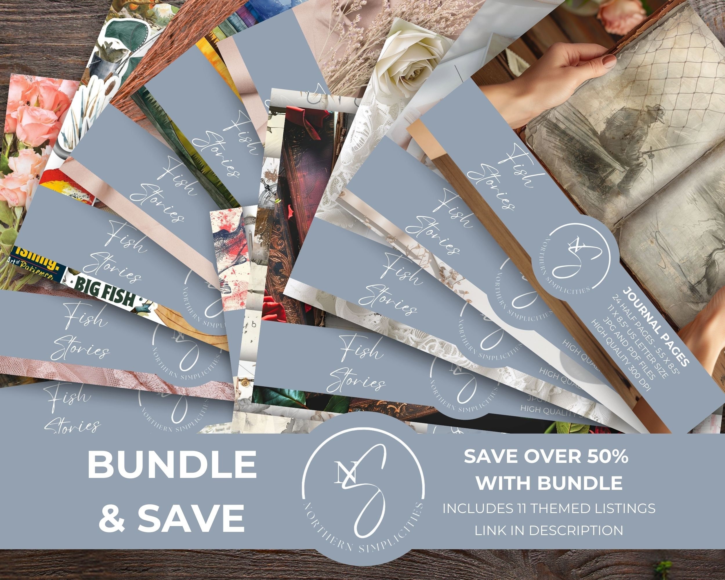 Fish Stories Digital Collage Scrapbook Paper, Fishing Junk Journal ...