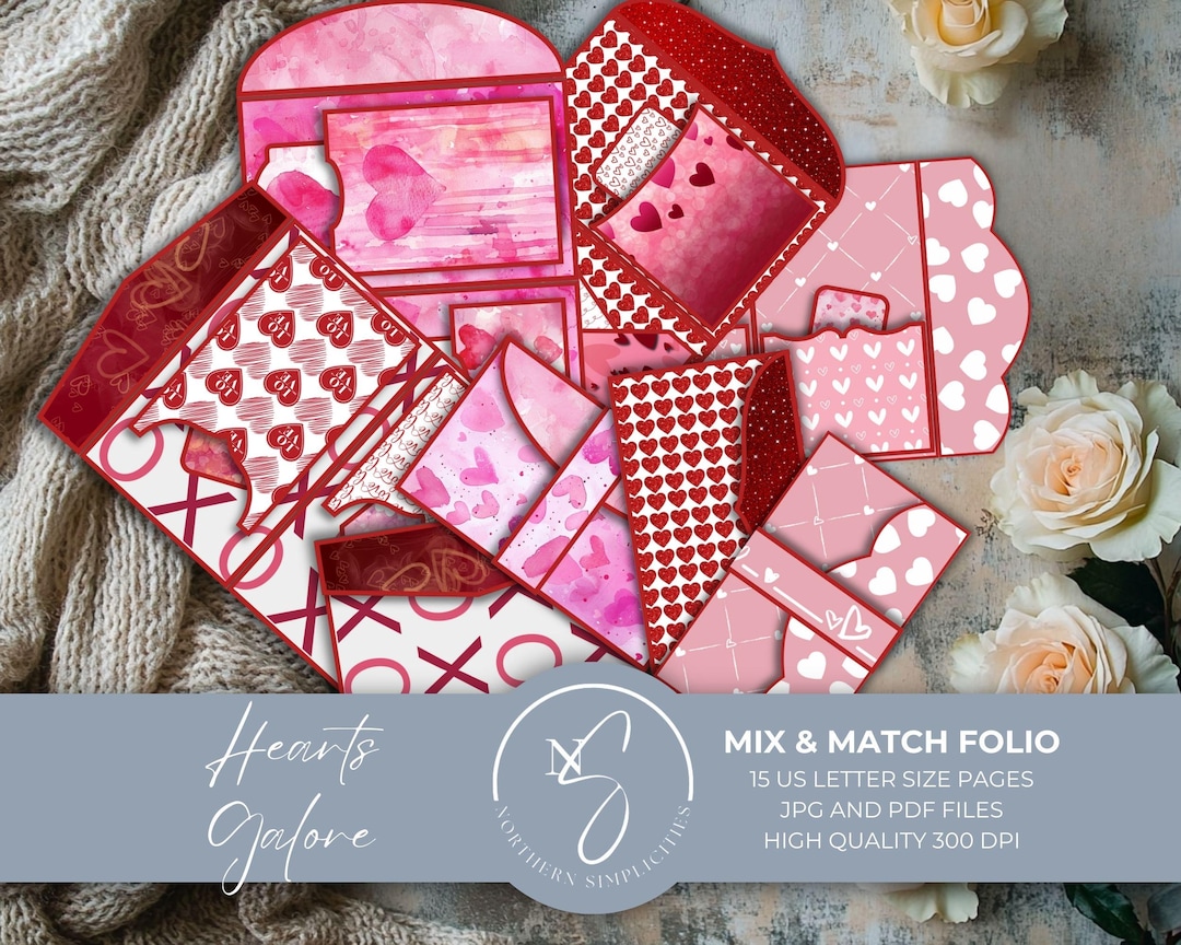 Hearts Galore Mix and Match Printable Valentine Folio Kit With Junk Journal Ephemera, Tags ...