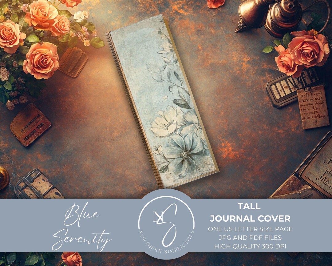Blue Serenity Tall Journal Cover With Vintage Floral Design, Perfect ...