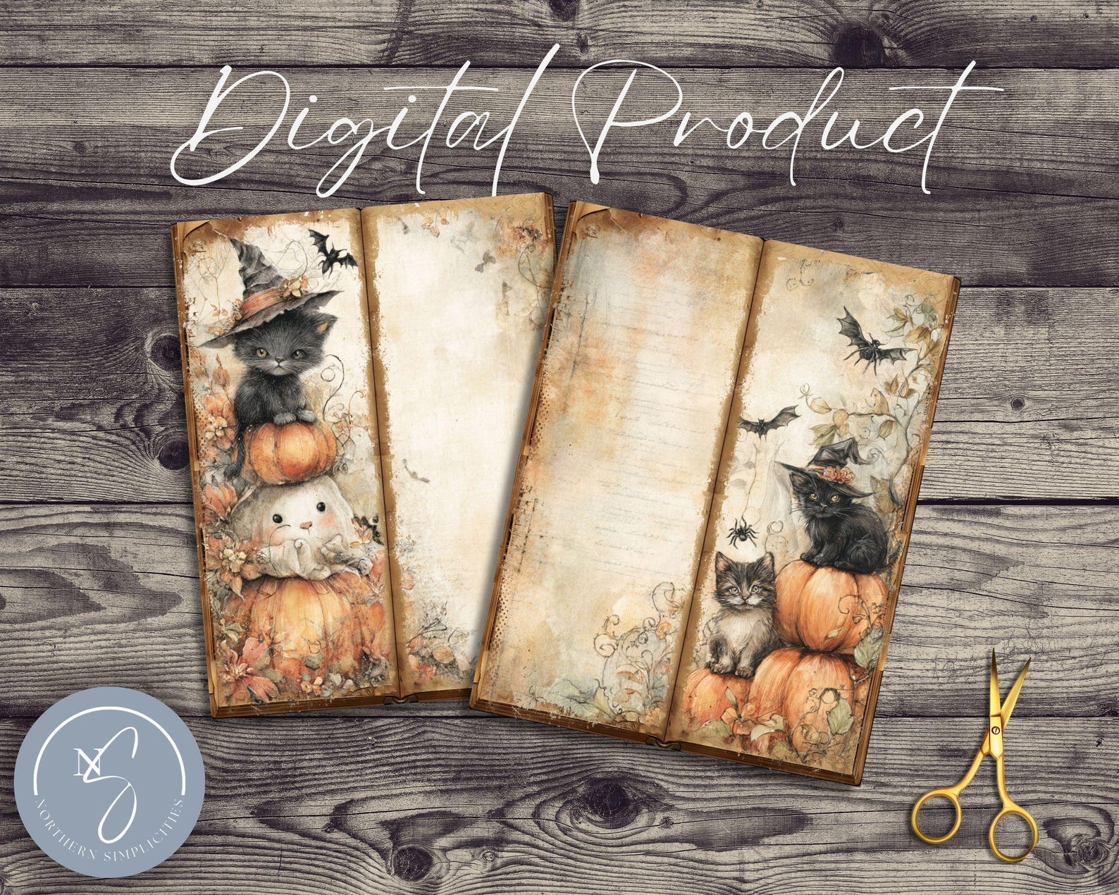 Stacked Spooks Tall Journal Pages, Vintage Halloween Printables and Cat Skinny Junk Journal Kits ...