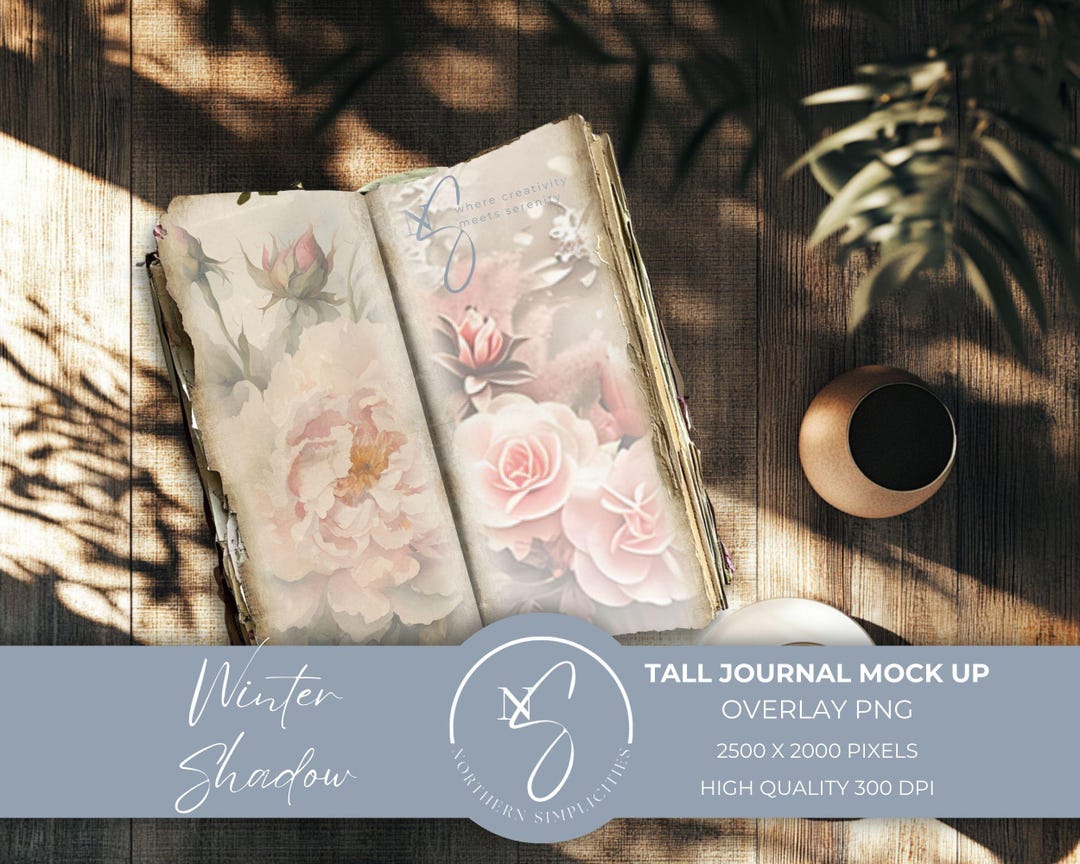 Winter Tall Shadow Junk Journal Mockup, Flat Lay Vintage Junk Journal ...