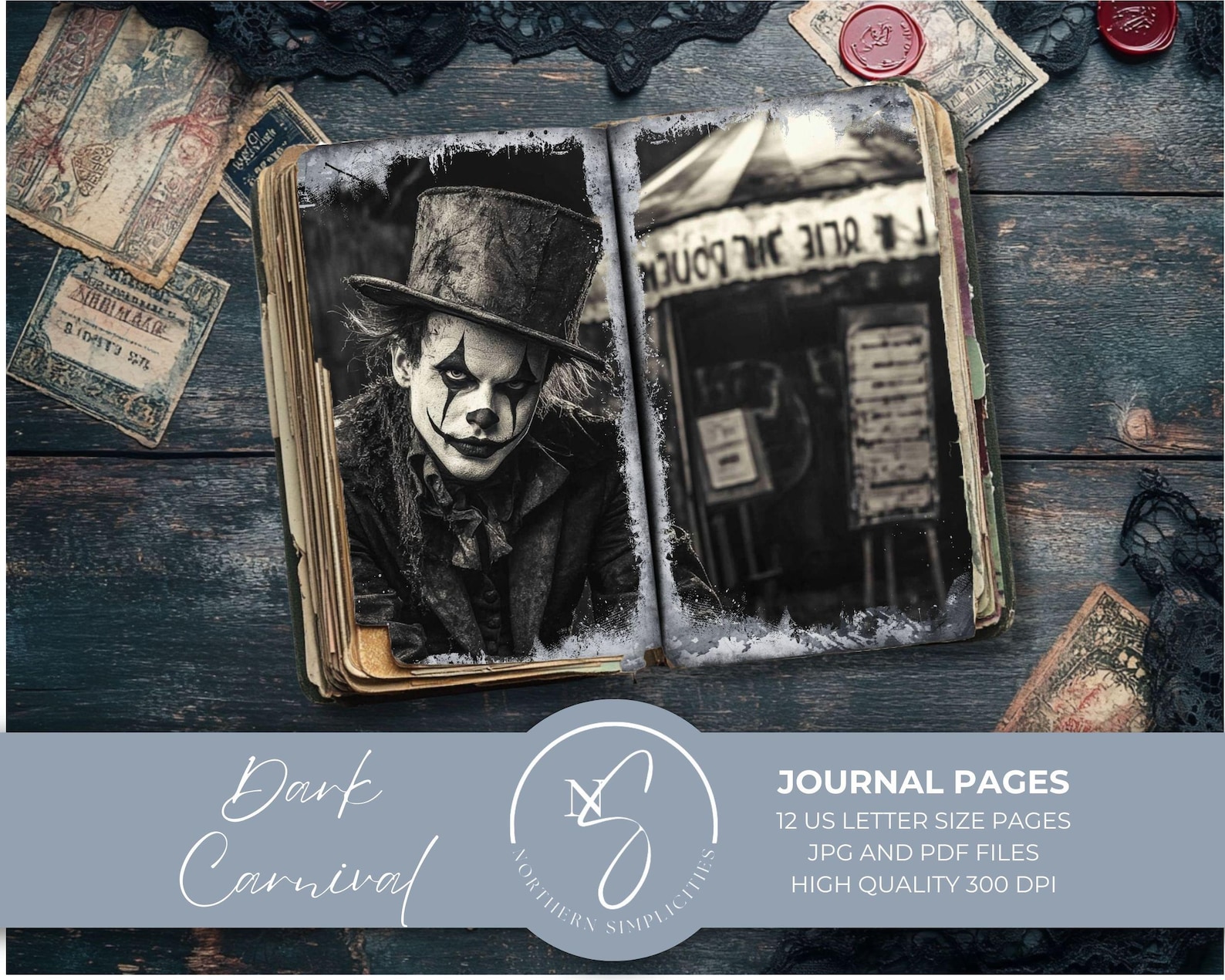 Dark Carnival Junk Journal Pages Featuring Dark Gothic Clown Carnival ...
