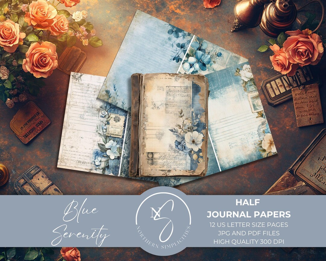 Blue Serenity Half Journal Papers Featuring Vintage Designs, Shabby ...