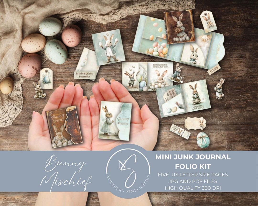 Bunny Mischief Mini Junk Journal Folio Kit Easter Mini Album Ephemera ...