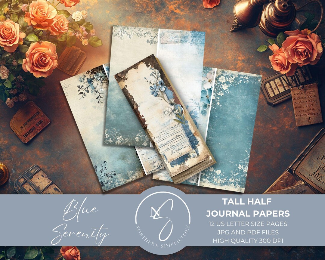 Blue Serenity Tall Half Journal Papers, Skinny Thin Vintage Pages ...