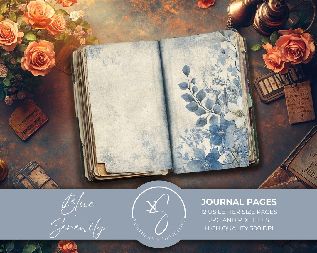 Blue Serenity Junk Journal Pages, Printable Vintage Blue Paper, Digital ...