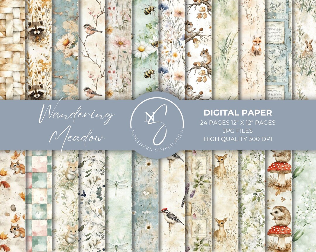 Wandering Meadow Digital Papers in Seamless Repeat Woodland Animal and ...