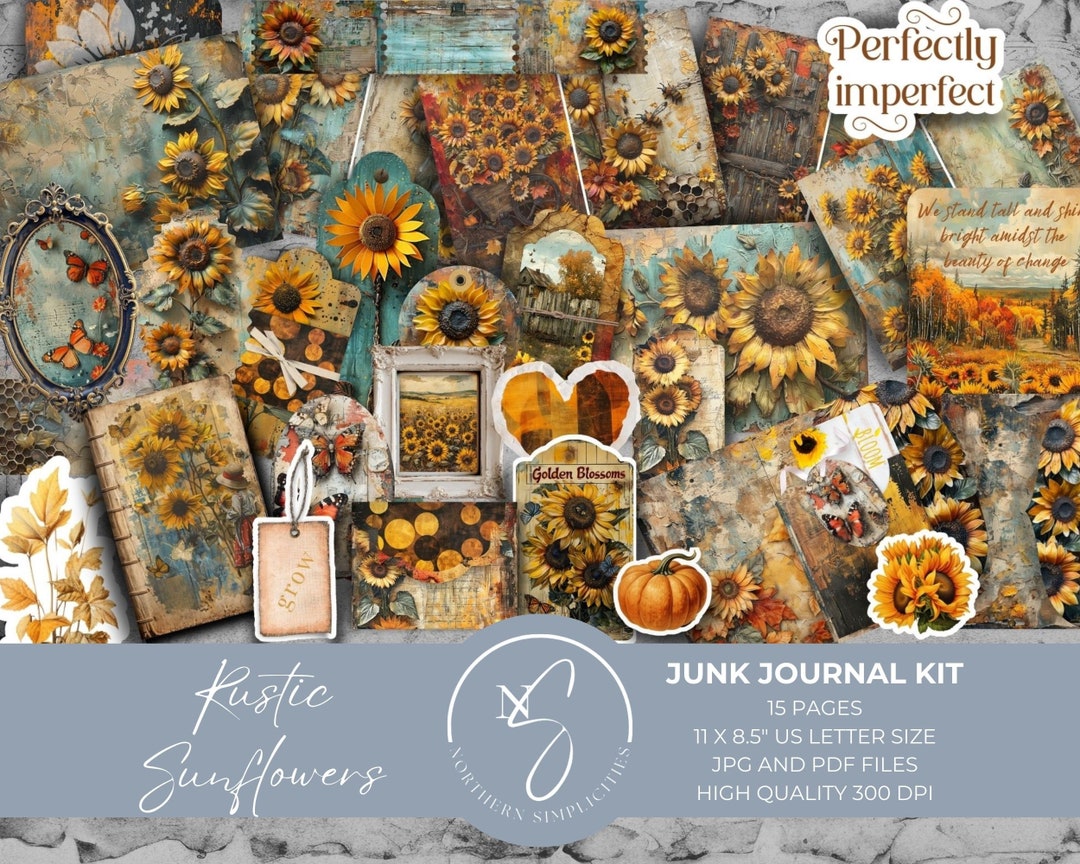 Rustic Sunflowers Junk Journal Kit - Printable Vintage Ephemera ...