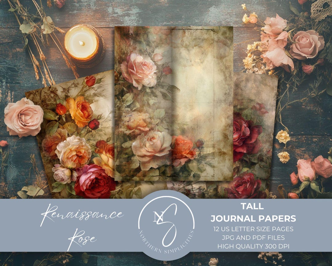 Renaissance Rose Tall Journal Papers for Floral Junk Journal, Skinny ...