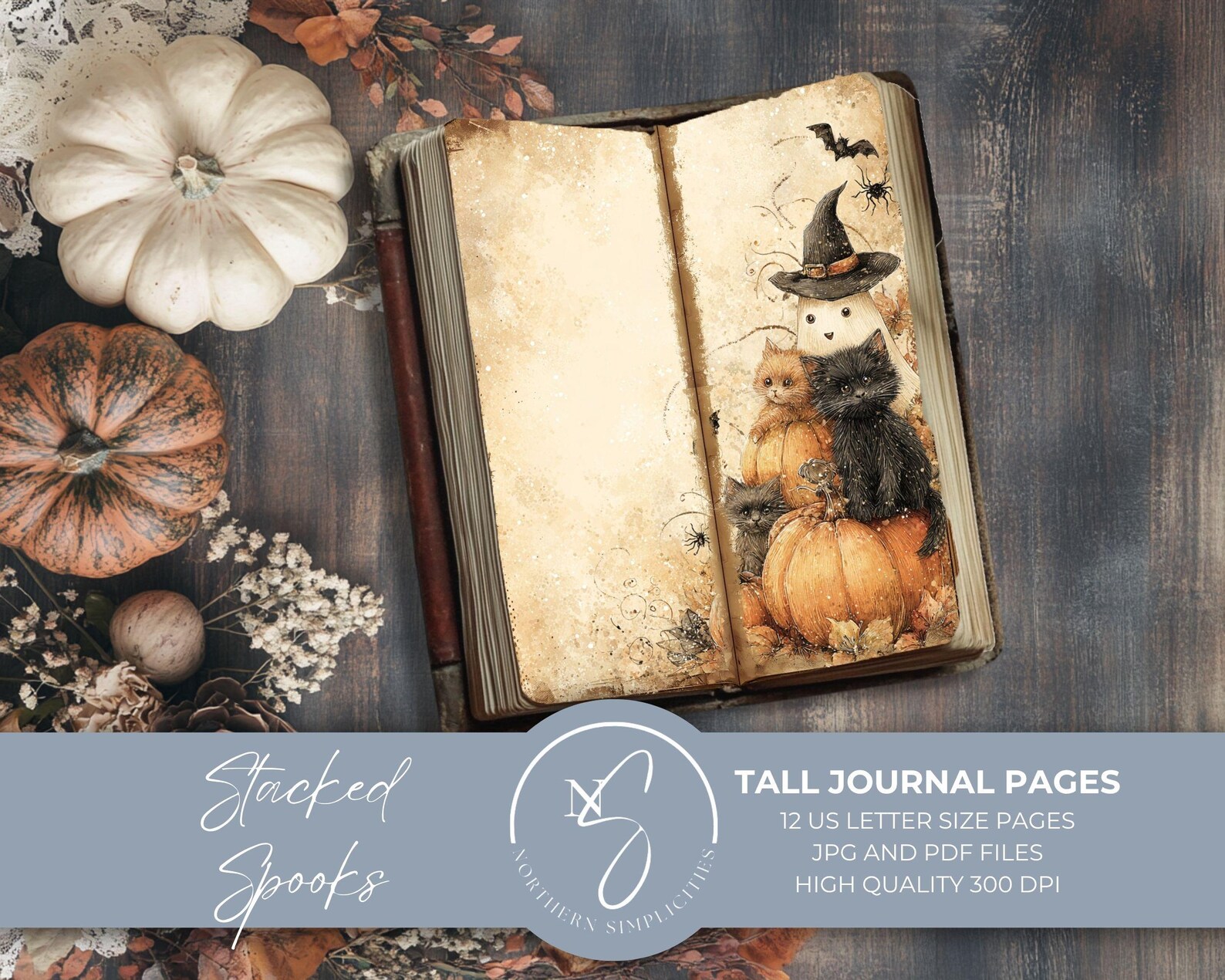 Stacked Spooks Tall Journal Pages, Vintage Halloween Printables and Cat Skinny Junk Journal Kits ...
