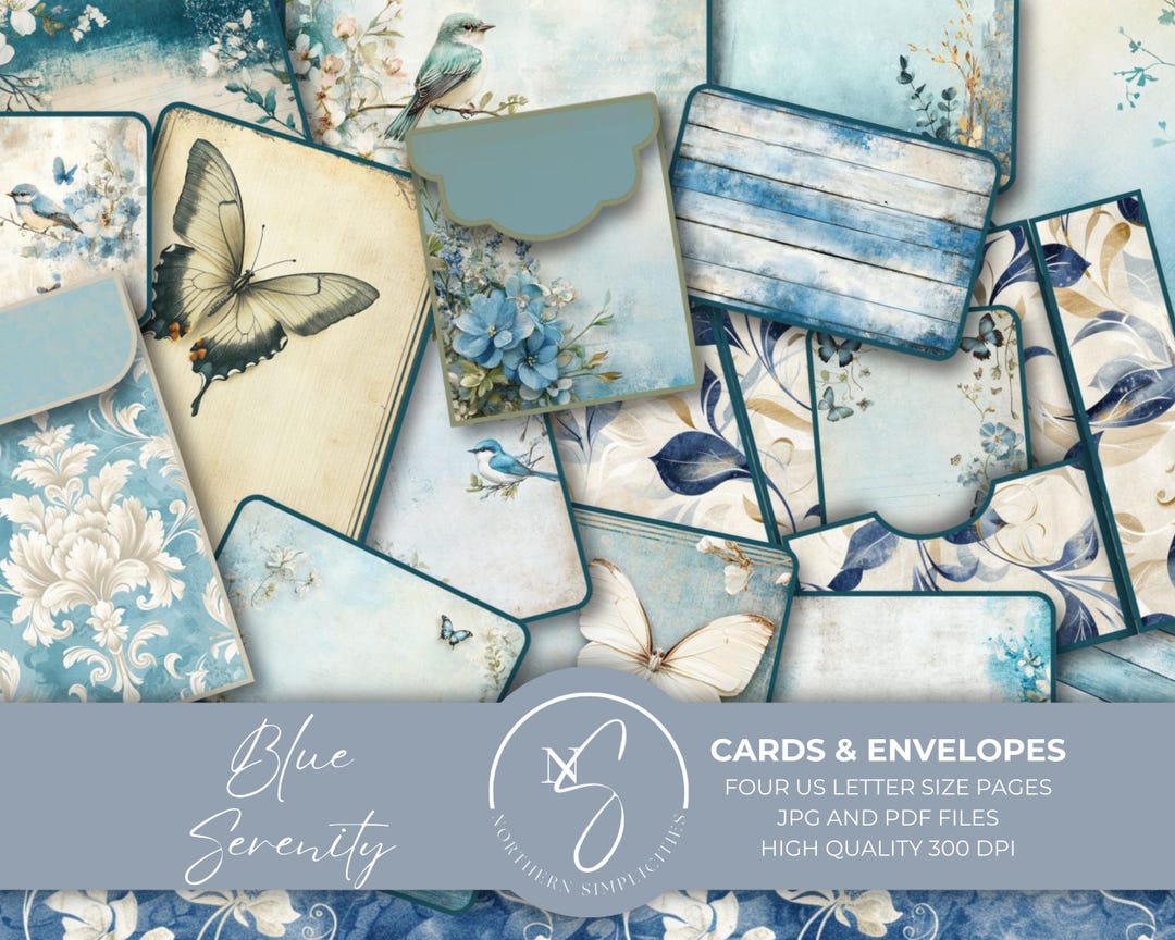 Blue Serenity Journal Cards and Mini Envelope Ephemera Pack With Floral ...