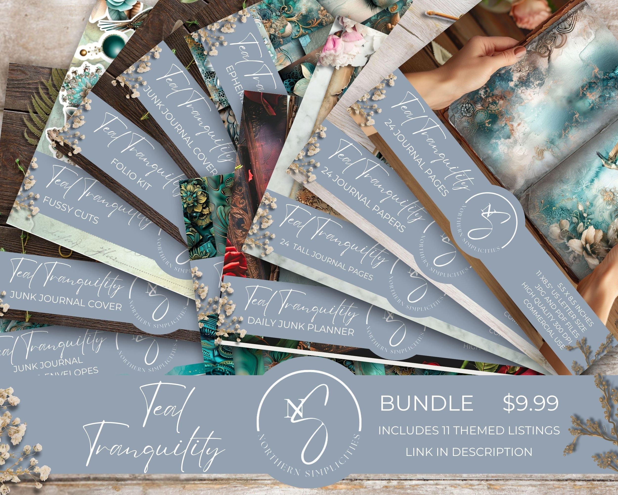 Teal Tranquility, Teal and Gold Tall Skinny Junk Journal Kit, Thin ...