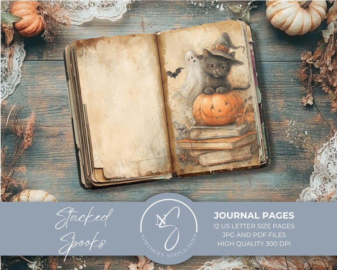 Stacked Spooks Journal Pages, Vintage Halloween Printables and Cat Junk ...