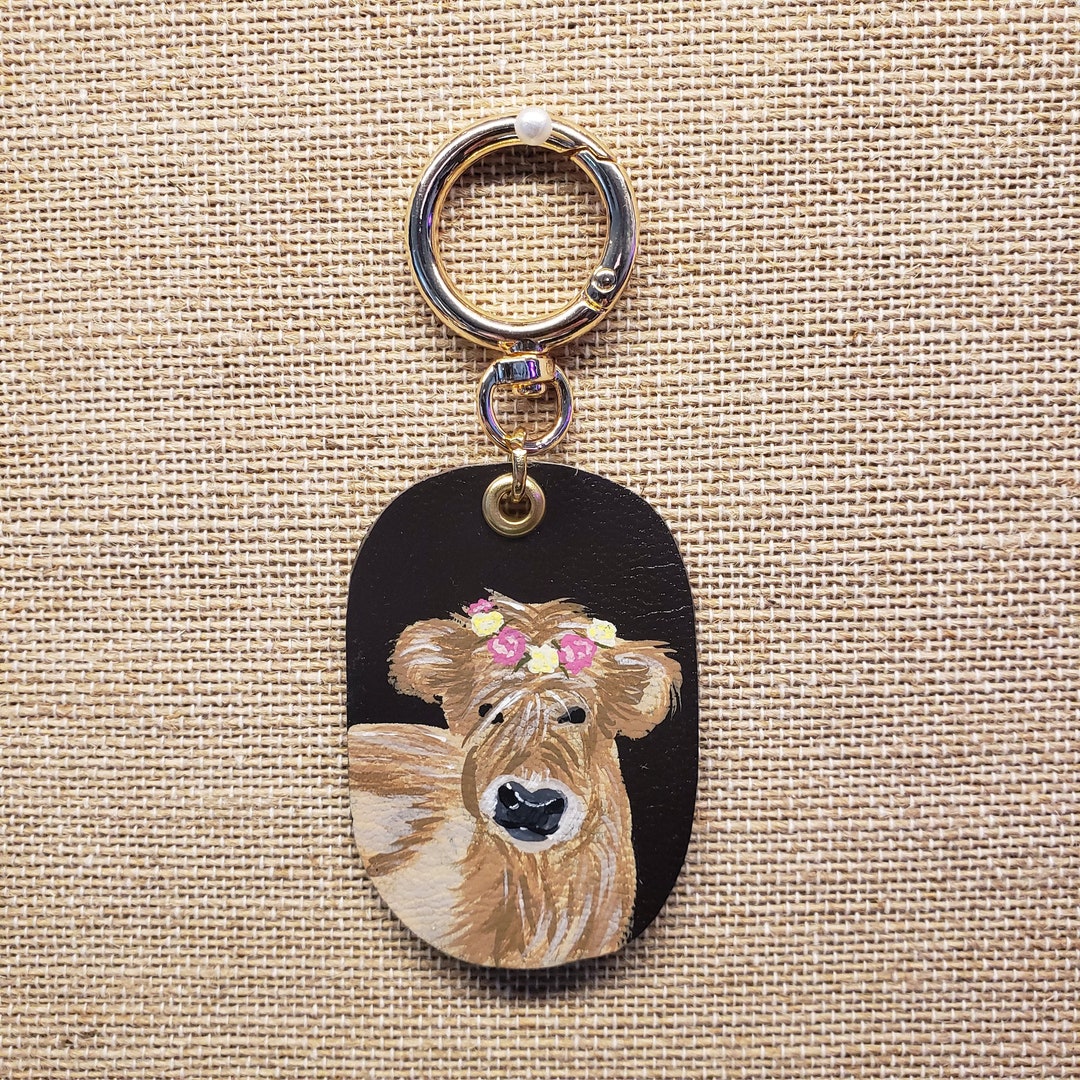 Hand Painted Highland Cow With Flower Crown Leather Keychain - Etsy