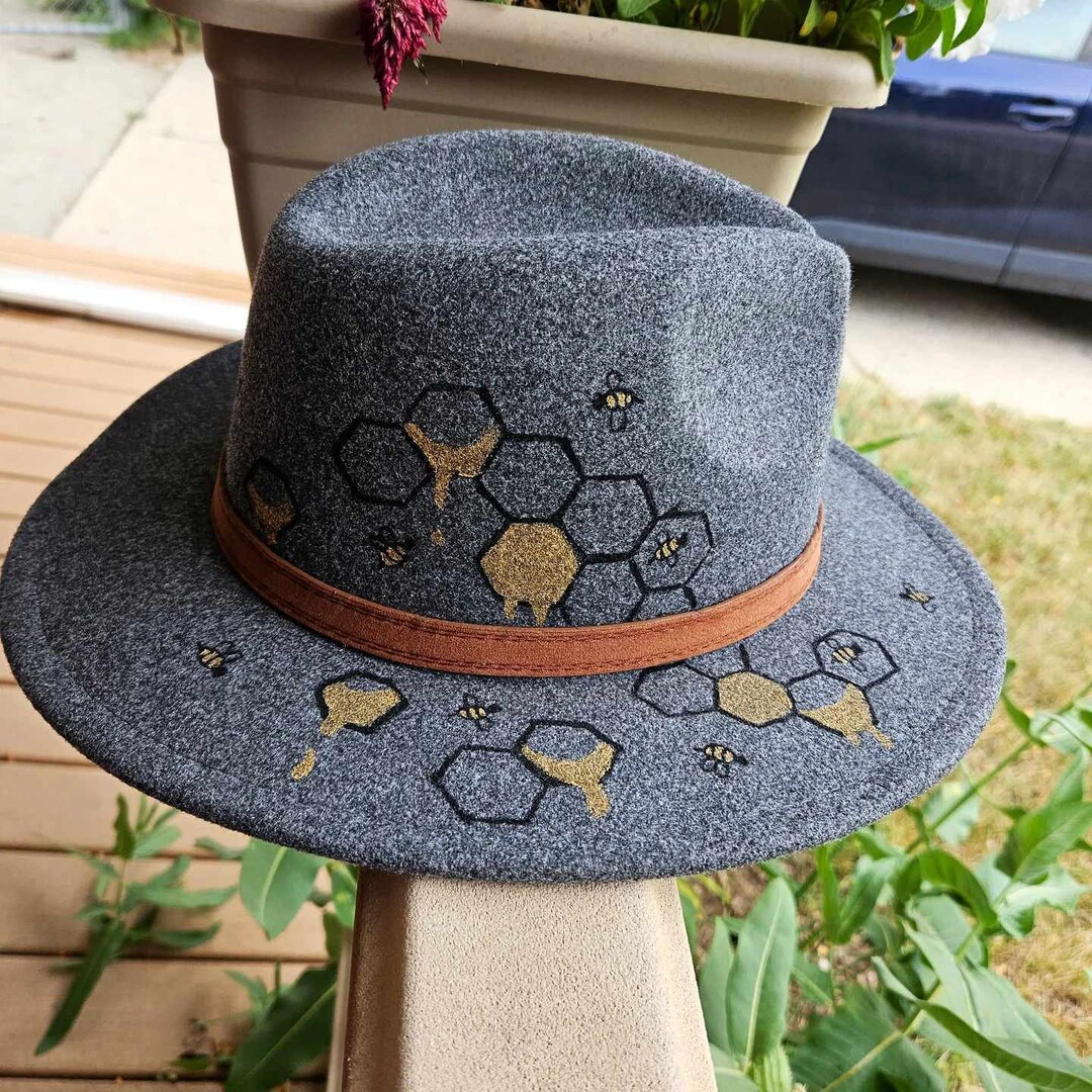 Hand-painted Honeybee & Honeycomb Gray Felt Fedora - Etsy
