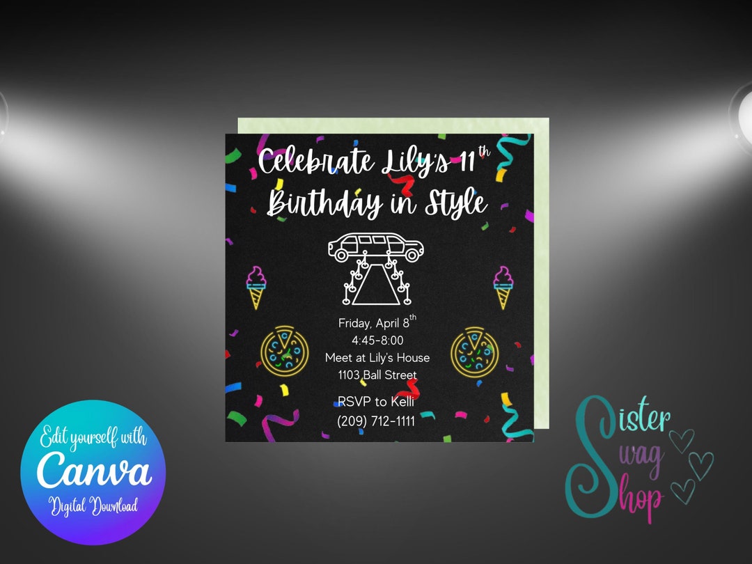 Limo Birthday Party Invite - Digital Download - Canva Link - Etsy