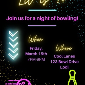 Night Bowling Birthday Invitation - Digital Download - Canva Link - Etsy
