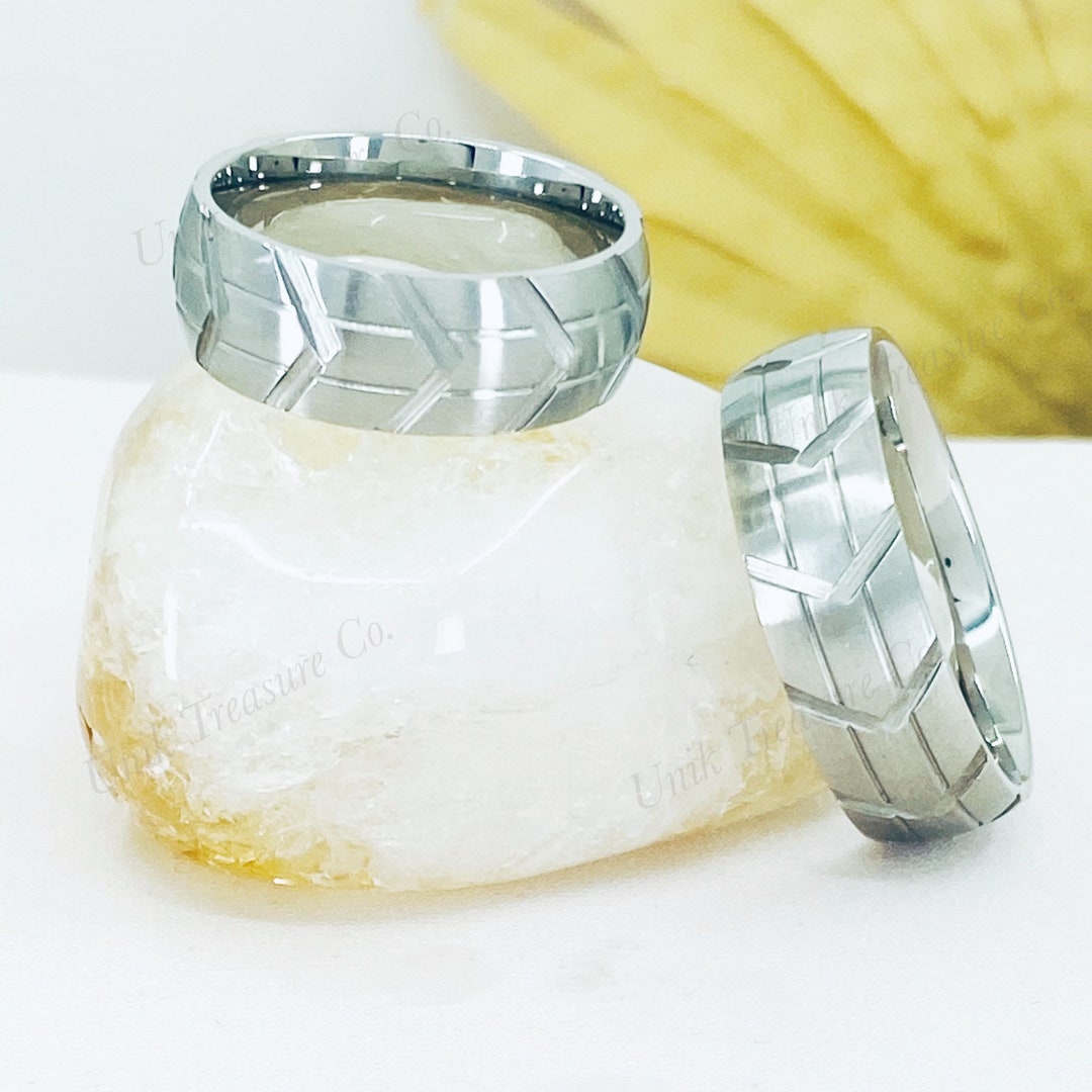 Men Band in Stainless Steel Motorcycle Tire Tread Wedding Ring Brushed ...
