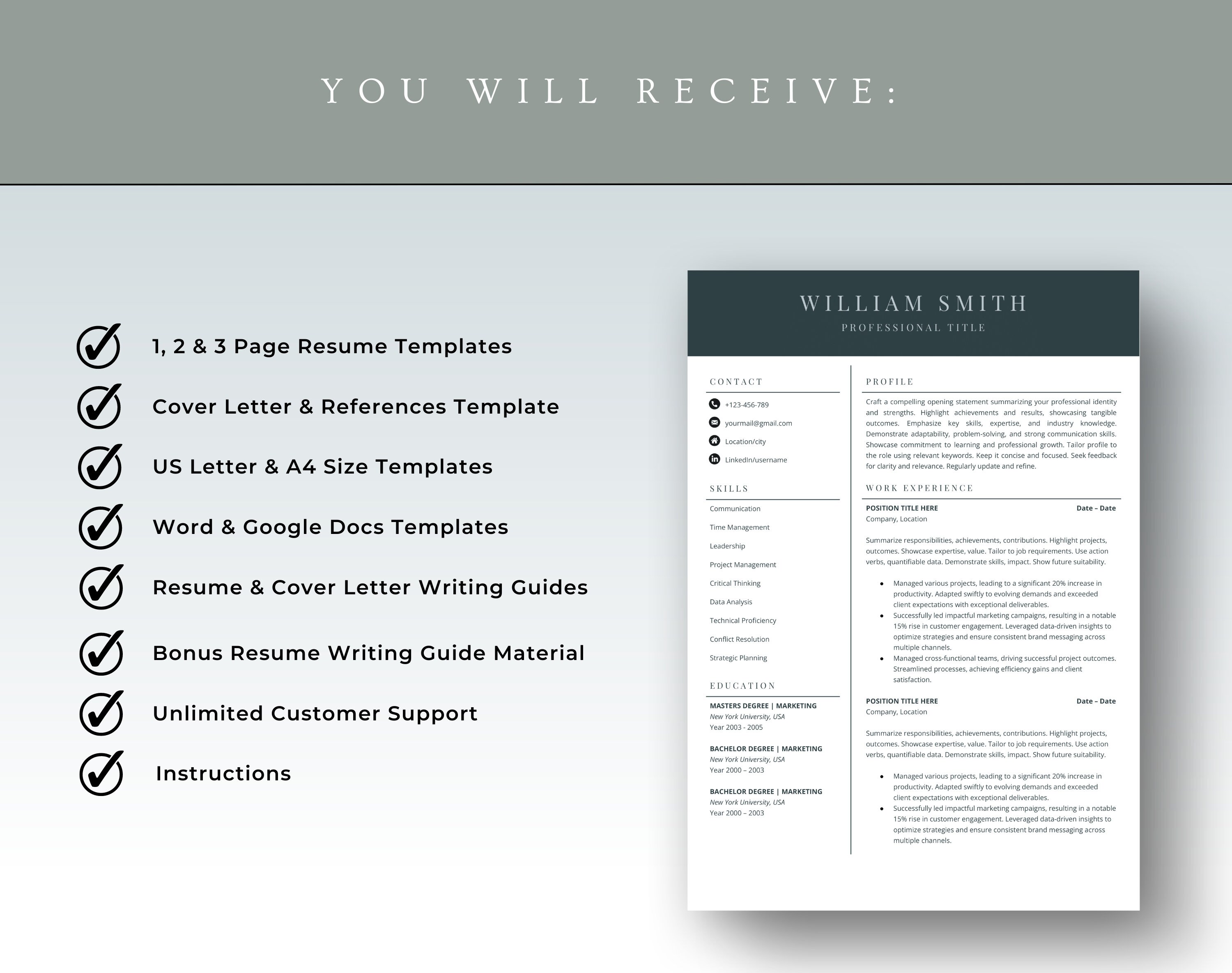 Modern Resume Template Resume Google Docs Resume Word 1-3 - Etsy