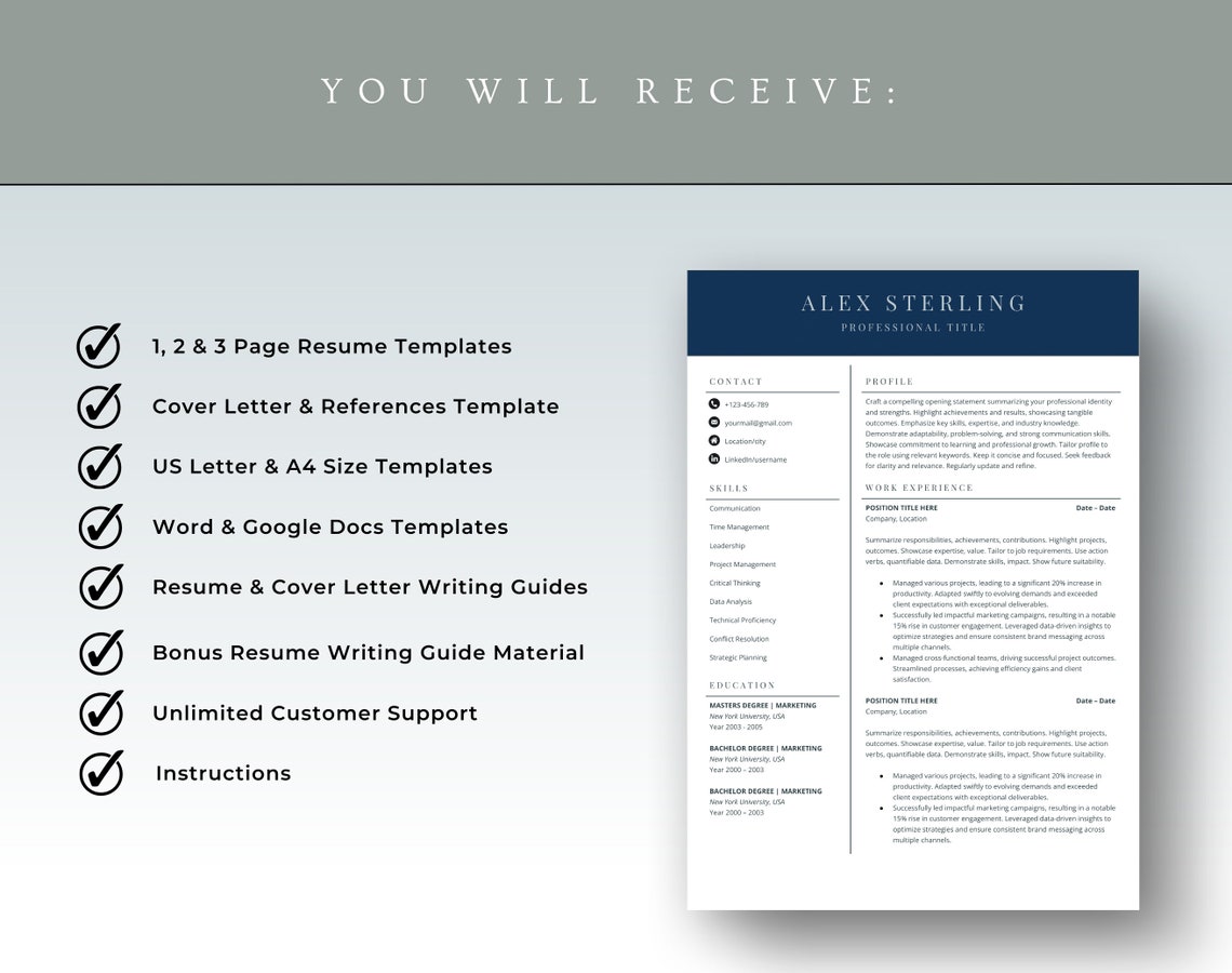 Modern Resume Template, Resume Word, Resume Google Docs, 1-3 Page Resume Template, Cover Letter ...