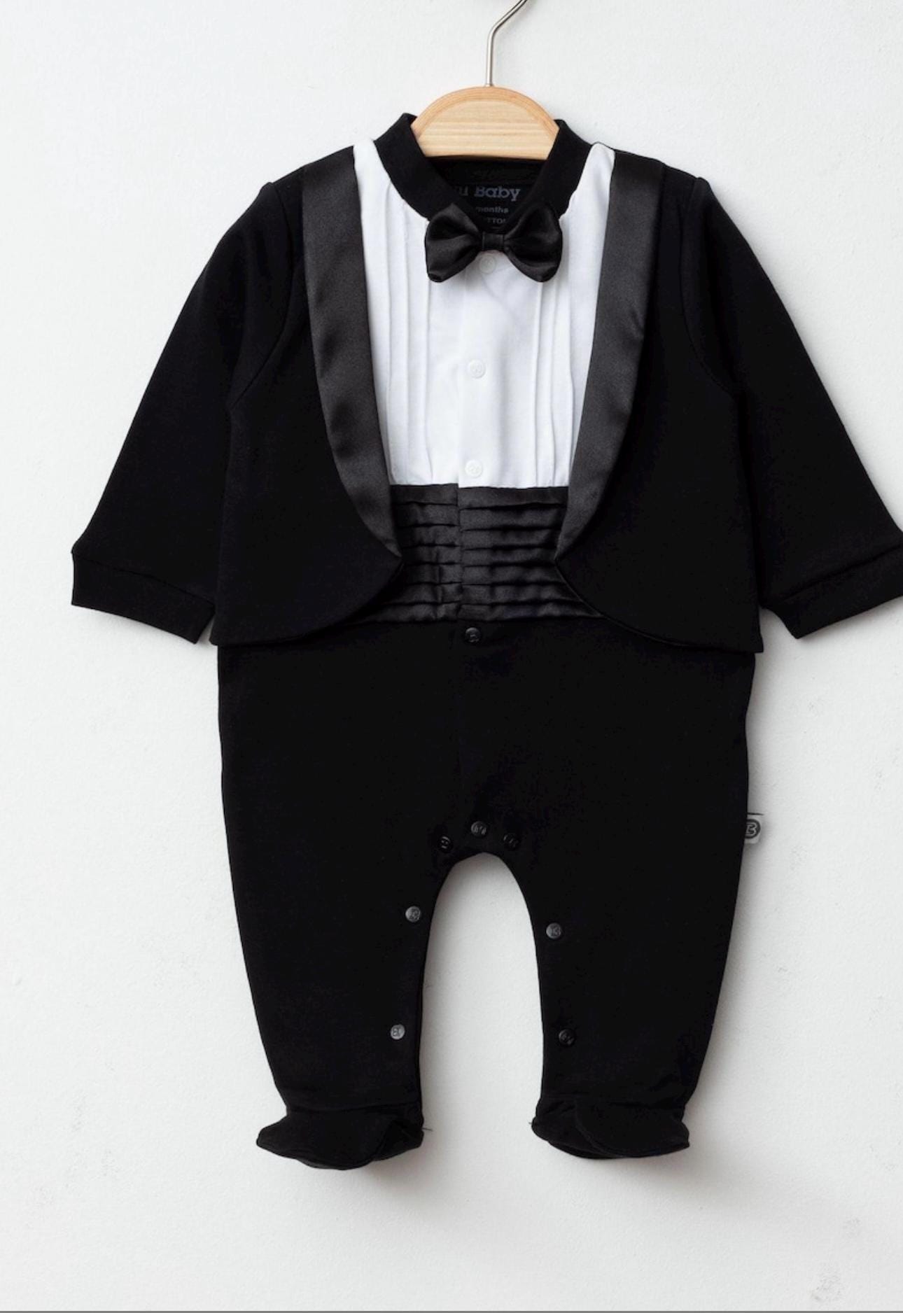 Baby Boy Tuxedo Romper | Formal Bow Tie Outfit, Photoshoot Suit - Etsy