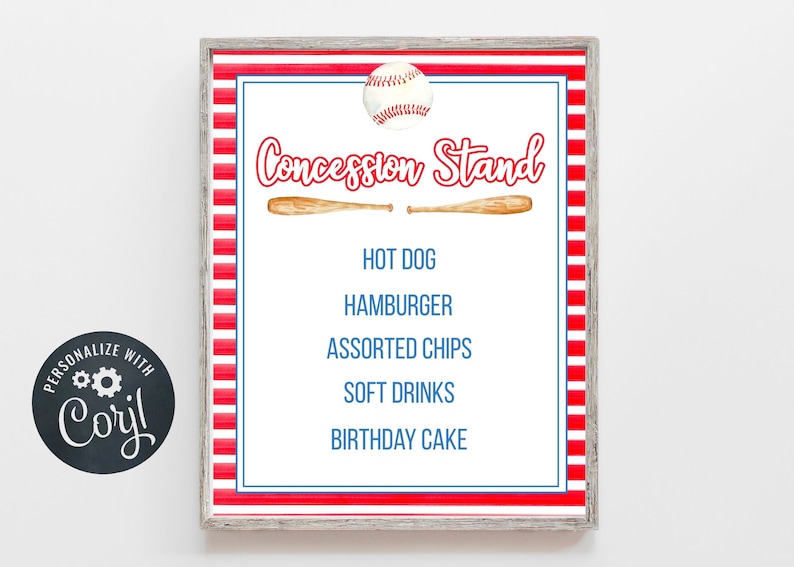 Editable Baseball Concessions Menu Sign Digital File Baseball Party ...