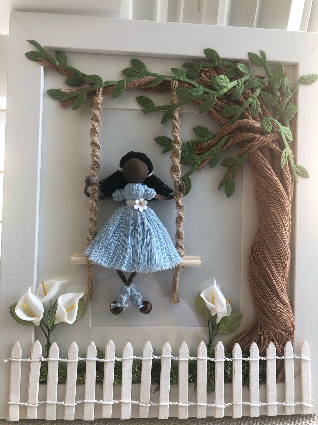 Macrame Doll, Macrame Doll on Swing, Framed Macrame Doll, Gift for Her ...