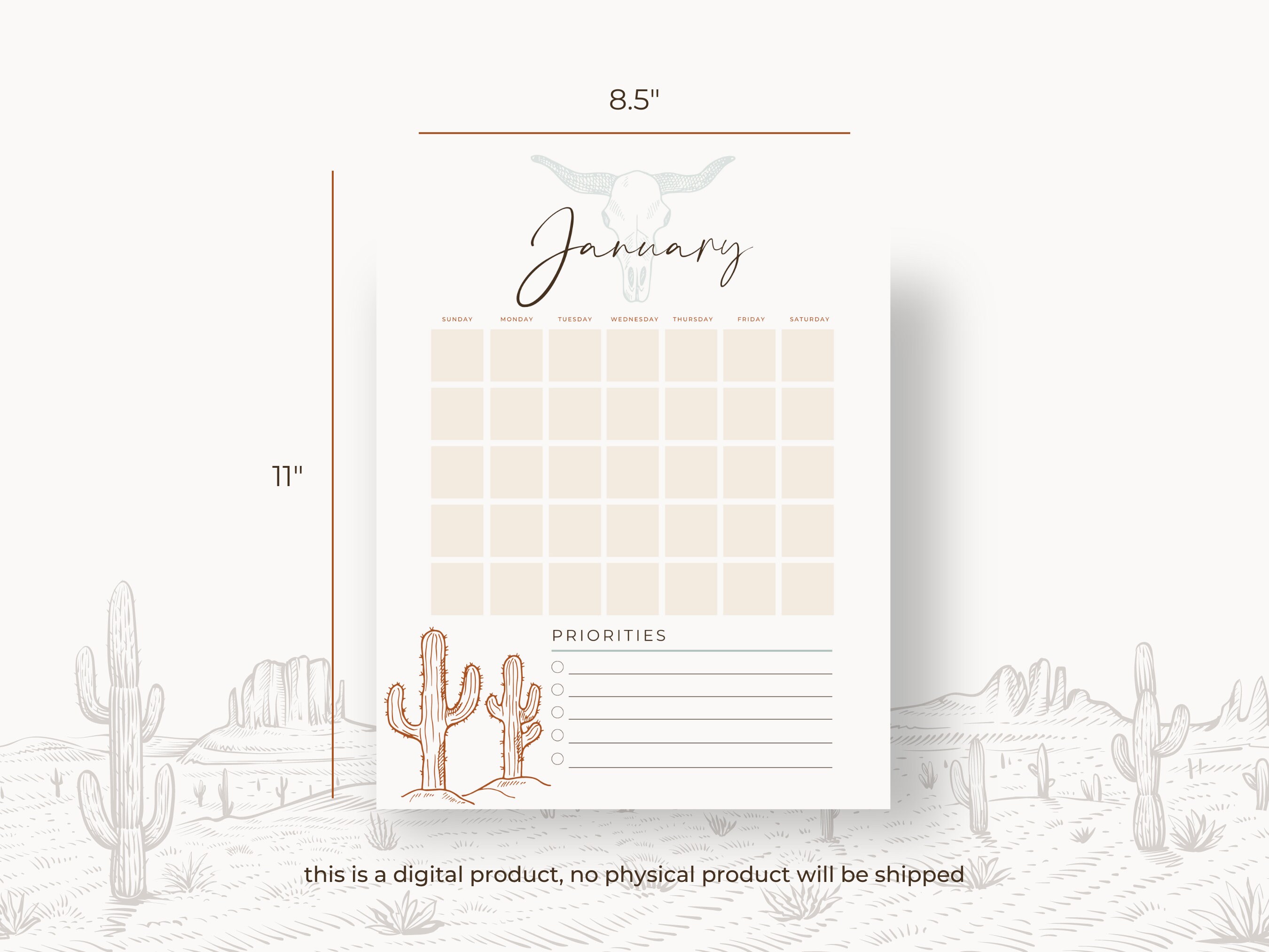 Monthly Calendar, Undated Monthly Planner, Monthly Digital Planner ...