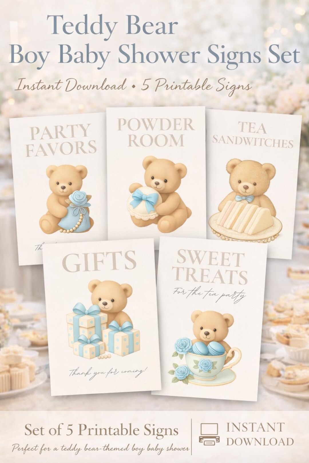 Teddy Bear Boy Baby Shower Signs Printable Set, Teddy Bear Baby Shower ...