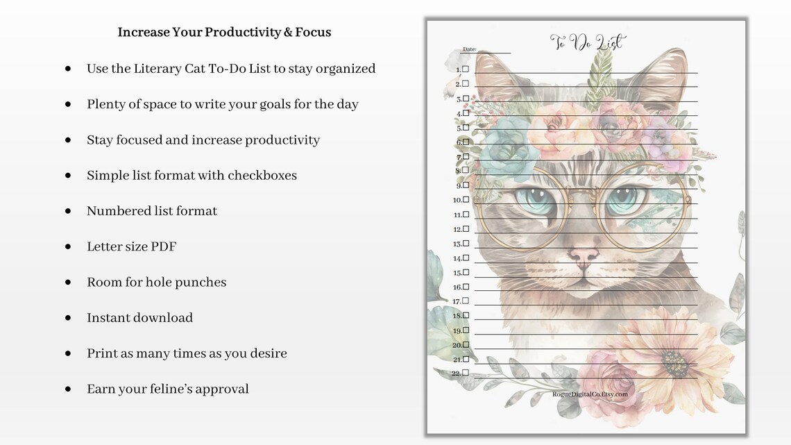 Literary Cat to Do List Printable Simple to Do List Template - Etsy