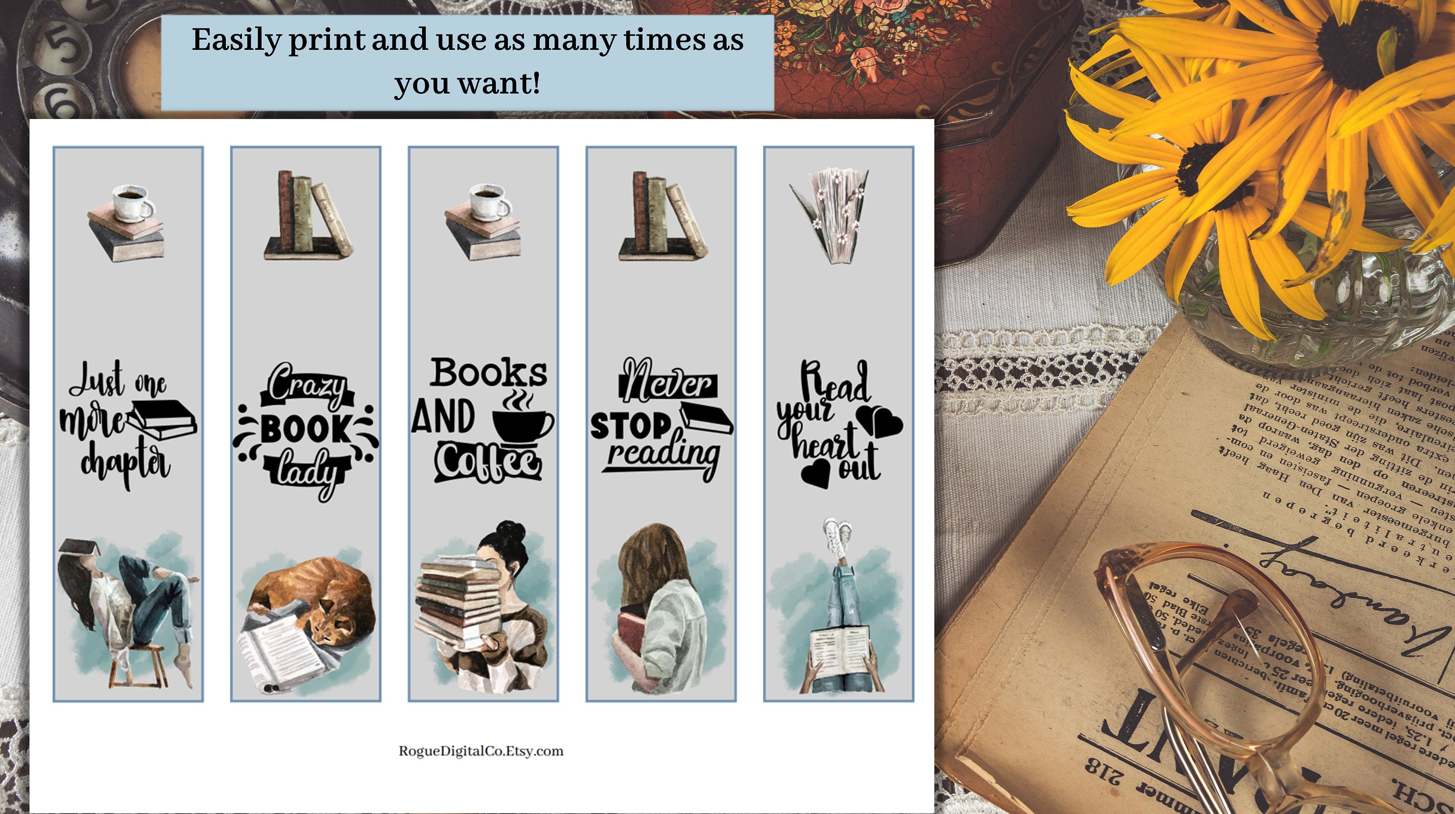 Girls With Books Bookmarks Set Printable Bookmarks Digital - Etsy