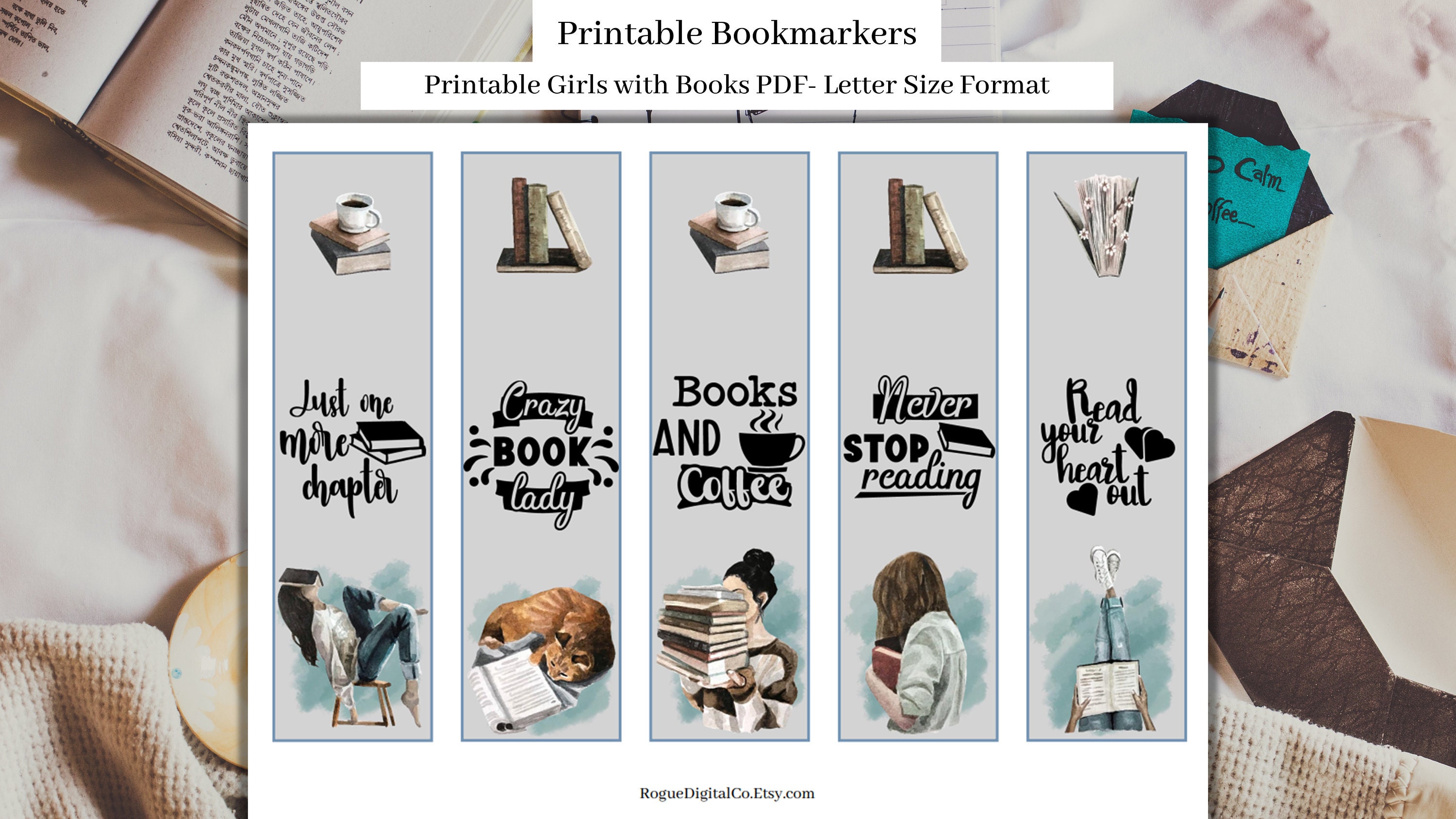 Girls With Books Bookmarks Set Printable Bookmarks Digital - Etsy