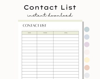 Printable Contact List, Contact Sheet, Phone Number List, Address Book ...