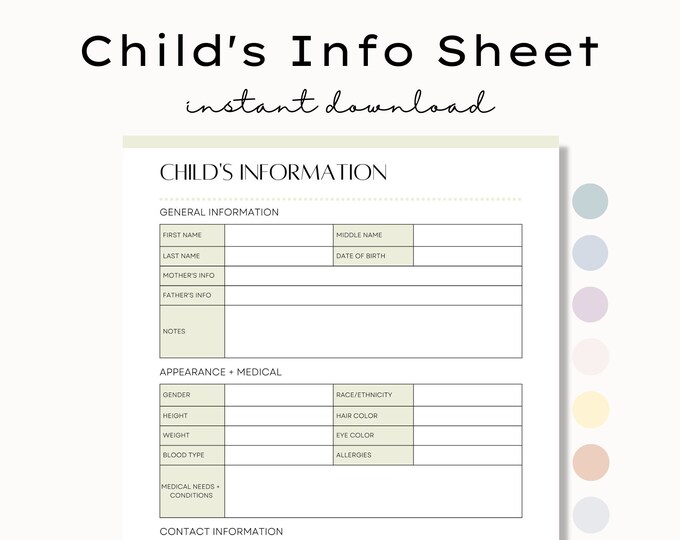 Printable Child Information Sheet Template Planner Daycare All About Me ...