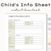Printable Child's Information Sheet, Important Information Sheet ...